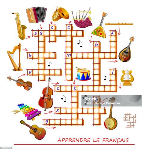 악기가 있는 십자말풀이 게임 프랑스어를 배우십시오 아이들이 프랑스어와 단어를 공부할 수 있는 교육 페이지입니다 어린이 교과서를 위한 인쇄 가능한 워크시트 학교로 돌아 가기