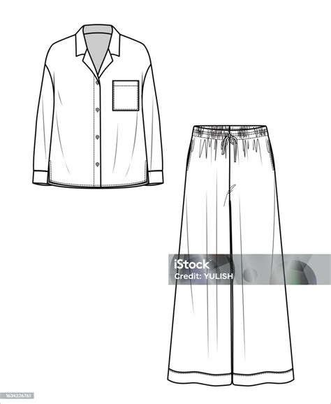 벡터 드롭 숄더 셔츠 바지 패션 Cad 여성 긴팔 셔츠와 바지 기술 도면 스케치 템플릿 플랫 모형 짠 패브릭 잠옷 세트 앞 뒤보기 흰색 색상 파자마에 대한 스톡 벡터 아트