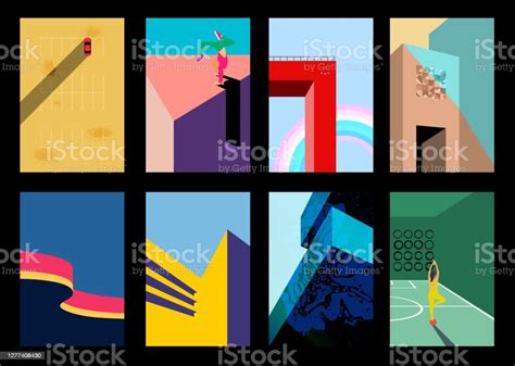 최소한의 기하학적 디자인 포스터 현대 미술의 집합 원시 모양 요소 현대적인 힙스터 스타일 템플릿 벡터 그림입니다 회색 배경에 격리 추상적인에 대한 스톡 벡터 아트 및 기타