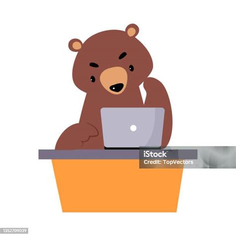 노트북 벡터 일러스트와 책상에 앉아 곰 직원 또는 사무실 직원 컴퓨터에 대한 스톡 벡터 아트 및 기타 이미지 컴퓨터 0명 개념 Istock