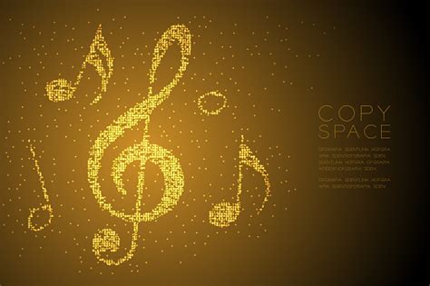 추상적인 기하학적 Bokeh 원 도트 픽셀 패턴 음악 노트 모양 개념 디자인 골드 컬러 그림 복사 공간 벡터 Eps 10 갈색 그라데이션 배경에 고립 먼지에 대한 스톡 벡터