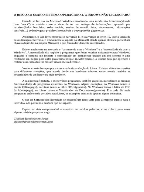 O Risco Ao Usar O Sistema Operacional Windows Não Licenciado Pdf