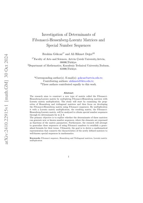 Pdf Investigation Of Determinants Of Fibonacci Hessenberg Lorentz Matrices And Special Number