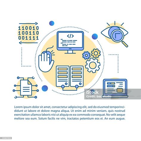 소프트웨어 개발 문서 페이지 벡터 템플릿입니다 웹 프로그래밍 브로셔 잡지 선형 아이콘과 텍스트 상자소책자 디자인 요소 인쇄 디자인 텍스트 공간이 있는 개념 그림 Html에