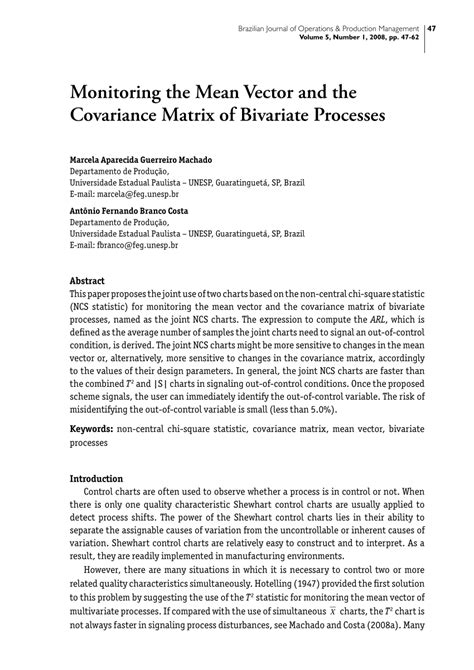 Pdf Monitoring The Mean Vector And The Covariance Matrix Of Bivariate Processes