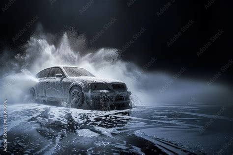 Luxury Car Close Up With Soap Suds And Water Splash At Car Wash Dark Background Vehicle