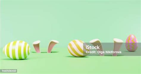부활절 토끼 귀는 녹색 배경에 알을 찾아 구멍에서 튀어 나와 있습니다 미니멀리즘 3d 렌더링 0명에 대한 스톡 사진 및 기타 이미지 Istock