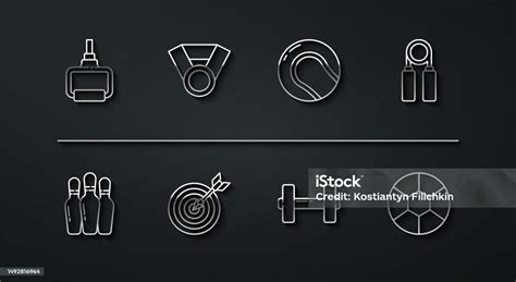세트 라인 Tpx 루프 훈련 장비 볼링 핀 스포츠 확장기 덤벨 화살표가 있는 표적 메달 축구공 및 야구 아이콘 벡터 건강한 생활방식에 대한 스톡 벡터 아트 및 기타 이미지