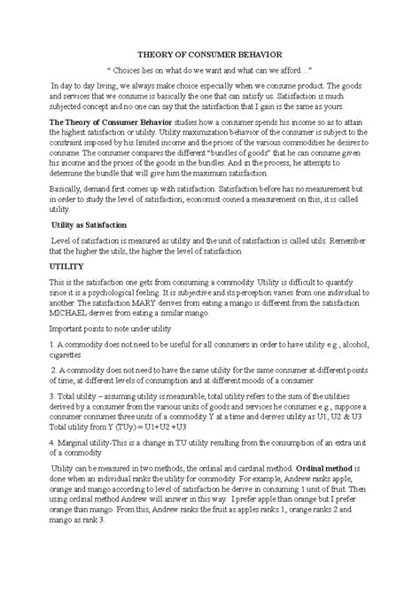 Theory Of Consumer Behavior Theory Of Consumer Behavior “ Choices