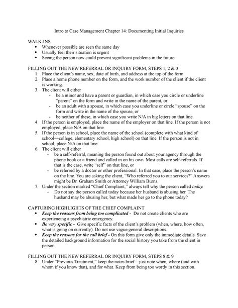 Intro To Case Management Chapter 14 Place The Name Sex Date Of Birth And Address At The Top