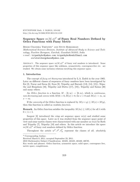 Pdf Sequence Space Mm F Of Fuzzy Real Numbers Defined By Orlicz Functions With Fuzzy Metric