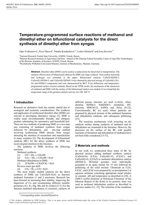 Pdf Temperature Programmed Surface Reactions Of Methanol And Dimethyl Ether On Bifunctional