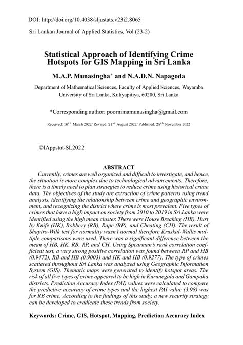 Pdf Statistical Approach Of Identifying Crime Hotspots For Gis Mapping In Sri Lanka