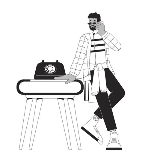 로터리 다이얼 전화기에서 이야기하는 흑백 만화 평면 일러스트레이션 흑인 남자 선글라스 전화 80년대 2d 선형 캐릭터 고립 노스타지아 패션 모노크롬 터 장면 윤 이미지