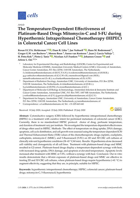 Pdf The Temperature Dependent Effectiveness Of Platinum Based Drugs Mitomycin C And 5 Fu