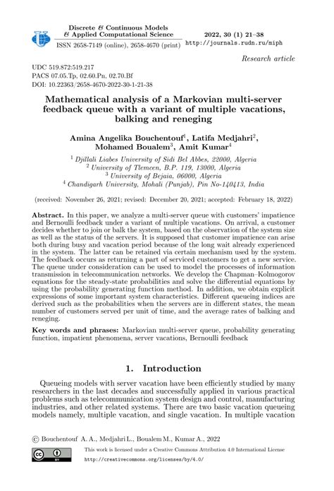 Pdf Mathematical Analysis Of A Markovian Multi Server Feedback Queue With A Variant Of