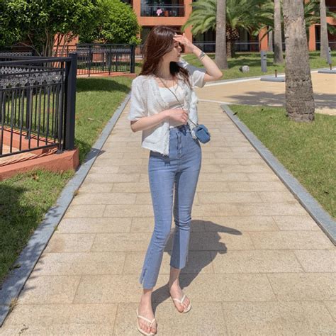 [키작녀추천💗속밴딩] 밑단슬릿 쫀득 스판 데일리 출근팬츠 하이웨스트 슬림 9부 8부 세미 부츠컷 데님 팬츠 슬릿 트임 키작녀 청바지 연청 S M L 에이블리