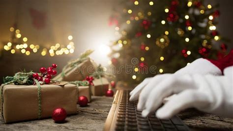 Santa Claus Tapping On Keyboard Under Christmas Tree Stock Footage Video Of Keyboard