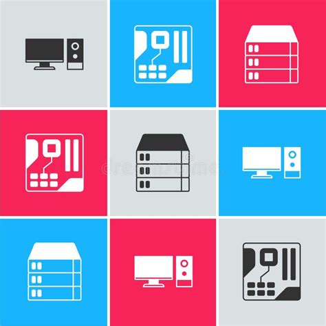 Set Computer Monitor Motherboard Digital Chip And Server Data Web