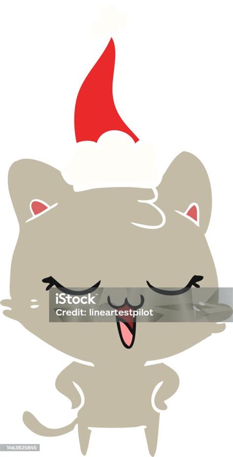 산타 모자를 쓴 고양이의 행복한 손으로 그린 평면 색상 그림 고양이 새끼에 대한 스톡 벡터 아트 및 기타 이미지 고양이 새끼