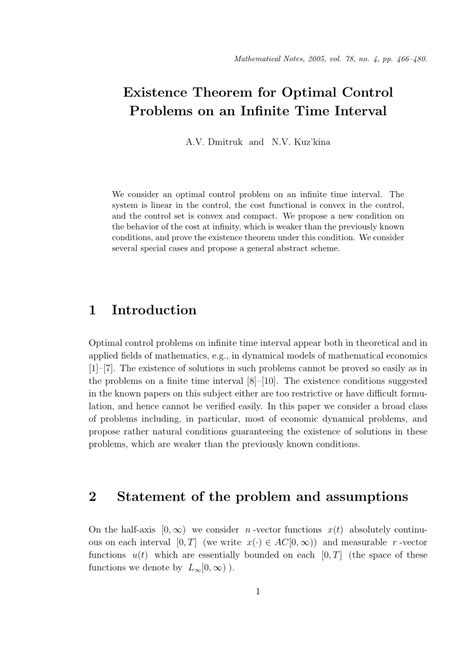Pdf Existence Theorem In The Optimal Control Problem On An Infinite Time Interval
