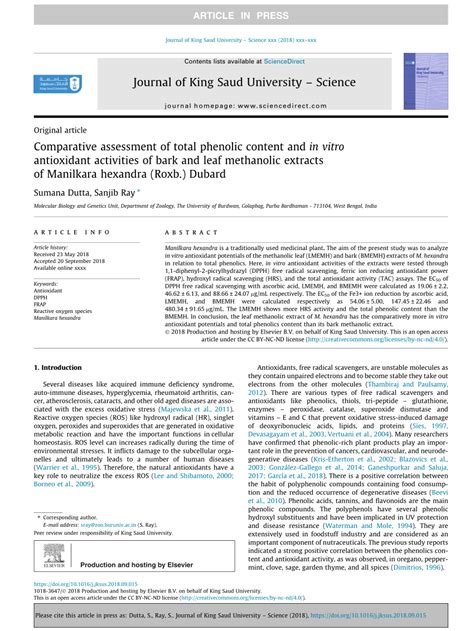 Pdf Comparative Assessment Of Total Phenolic Content And In Vitro Antioxidant Activities Of