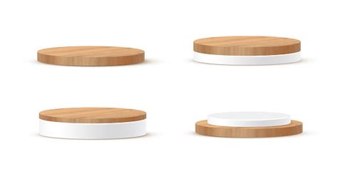 흰색 배경에 나무 3d 연단 라운드 스테이지 디스플레이 제품 모음 빈 원은 천연 나무로 된 받침대와 고급 제품 진열을 위해 서 있습니다 현실적인 벡터 일러스트 레이 션 세트