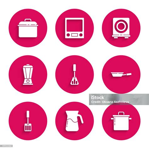 주걱 주전자 유리에 물 냄비 프라이팬 믹서기 전기 스토브 및 아이콘을 설정합니다 벡터 가열장치에 대한 스톡 벡터 아트 및 기타