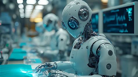 Robots Working Factory Assembly Line Futuristic Tech Stock