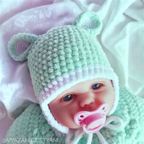 Вязаная шапка детская шапка шапка для девочки шапка для мальчика шапка с ушками мятная