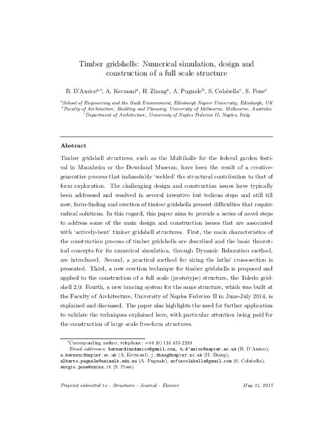 Pdf Timber Gridshells Numerical Simulation Design And Construction Of A Full Scale Structure