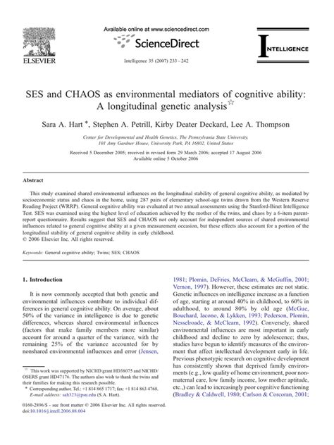 Ses And Chaos As Environmental Mediators Of Cognitive Ability A