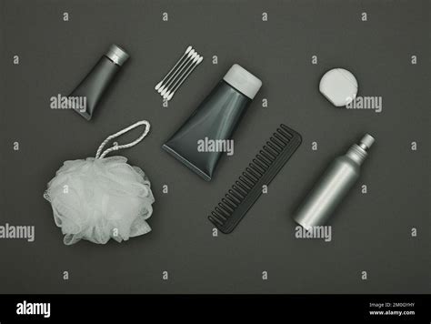 Close Up Flat Lay Of Men Grooming Hygiene Or Beauty Care Products Over