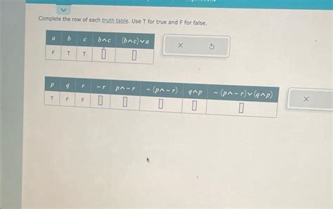 Solved Complete The Row Of Each Truth Table Use T For True