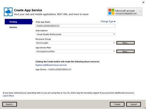 create new asp 5 project for existing azure app service stack