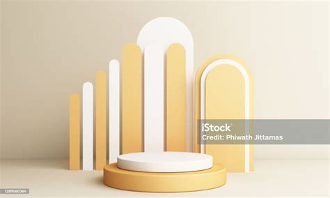 연단과 추상 노란색 구성 라운드 받침대와 복사 공간 쇼케이스 제품 프리젠 테이션 3d 렌더와 미니멀 스튜디오 0명에 대한 스톡 사진 및 기타 이미지 Istock