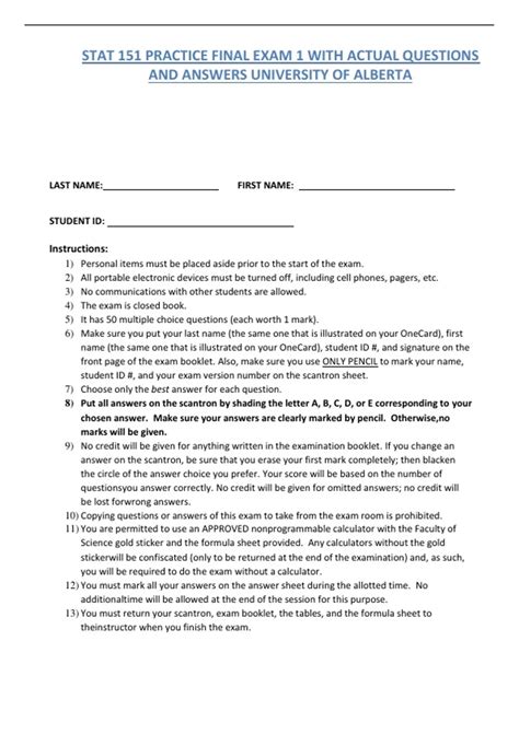 stat 151 practice final exam 1 with actual questions and answers