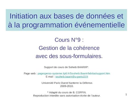 Ppt 1 Initiation Aux Bases De Données Et à La Programmation événementielle Cours N°9 Gestion