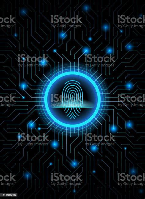 사이버 보안 지문 다크 블루 추상적 인 디지털 개념 기술 배경 컴퓨터 기술 웹 사이트 인터넷 인포 그래픽 손가락 인쇄 스캐닝 핸드 프린트 인터넷에 대한 스톡 벡터 아트 및