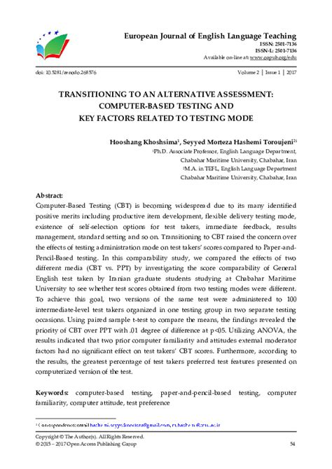 Pdf Transitioning To An Alternative Assessment Computer Based Testing And Key Factors Related