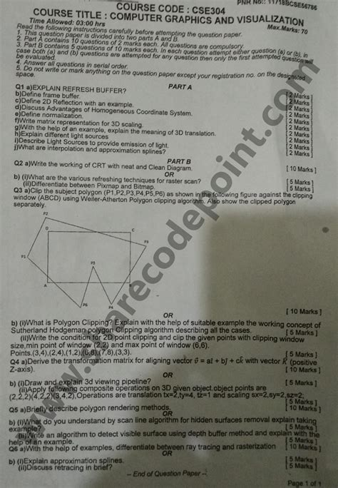 Cse304 Computer Graphics And Visualization Reaper Question Paper