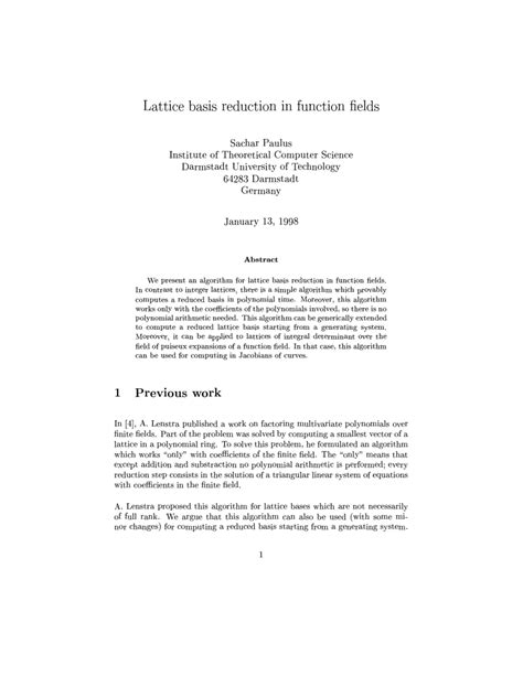 Pdf Lattice Basis Reduction In Function Fields
