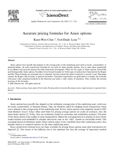 Pdf Accurate Pricing Formulas For Asian Options