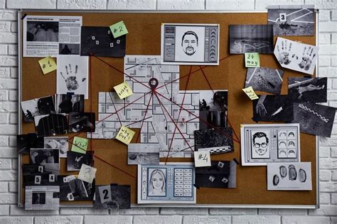 Detective Board With Fingerprints Photos Map And Clues Connected By