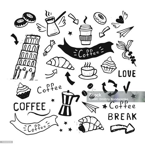 크로와상 도넛 커피 및 장식 요소 손으로 그린 선 흰색 배경에 고립 된 대형 세트 인쇄를 위한 벡터 일러스트 레이 션 귀여운에 대한 스톡 벡터 아트 및 기타 이미지 Istock