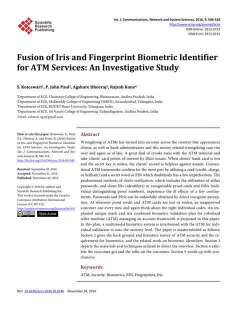 PDF Fusion Of Iris And Fingerprint Biometric Identifier For ATM Services An Investigative Study