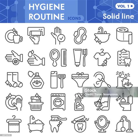 위생 루틴 라인 아이콘 세트 아침 루틴 기호 컬렉션 또는 스케치 웹 및 앱에 대한 셀프 케어 선형 스타일 표지판 흰색 배경에서 격리된 벡터 그래픽입니다 0명에 대한 스톡