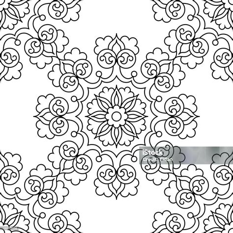 매끄러운 벡터 플로럴 패턴 꽃의 검은 스트로크 그림 디자인 직물 직물 표지 광고 배너를위한 세련된 벽지 얇은 선 배경입니다 0명에 대한 스톡 벡터 아트 및 기타 이미지
