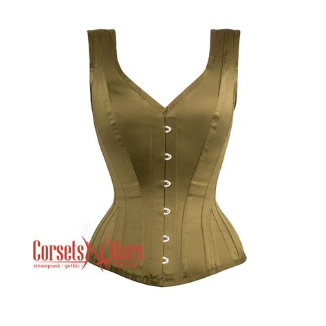 Olive Green Satin Burlesque Shoulder Strap Corset Overbust Bustier Top