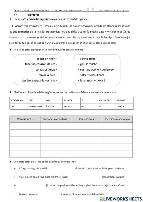Preposiciones Y Conjunciones Ficha Unidad 7 Lengua Worksheet Live